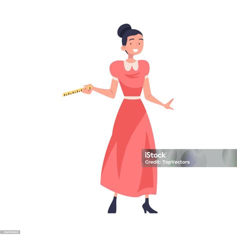 젊은 여자 교사 캐릭터 서 있는 와 통치자 와 가르침 벡터 일러스트 개인 지도 교사에 대한 스톡 벡터 아트 및 기타 이미지