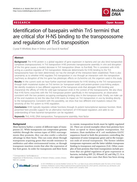 Pdf Identification Of Basepairs Within Tn5 Termini That Are Critical Sfor H Ns Binding To The