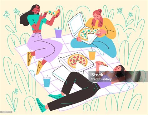 초원에서 담요를 덮고 피자를 먹는 소녀들 피크닉 자연 속에서 휴식 여자의 우정에 대한 스톡 벡터 아트 및 기타 이미지 여자의 우정 우정 피자 Istock