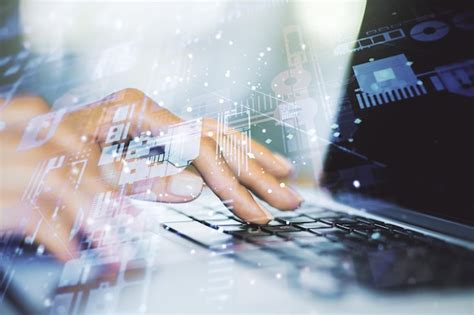 Premium Photo Multi Exposure Of Abstract Graphic Coding Sketch With Hands Typing On Computer