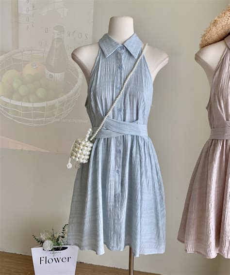 포앤바이앤 민소매 셔츠 미니원피스 카라넥 앞단추 크로스 백리본 지지미 시어서커 나시 얇은 시원한 여름원피스 휴가룩 신혼 동남아 여행룩