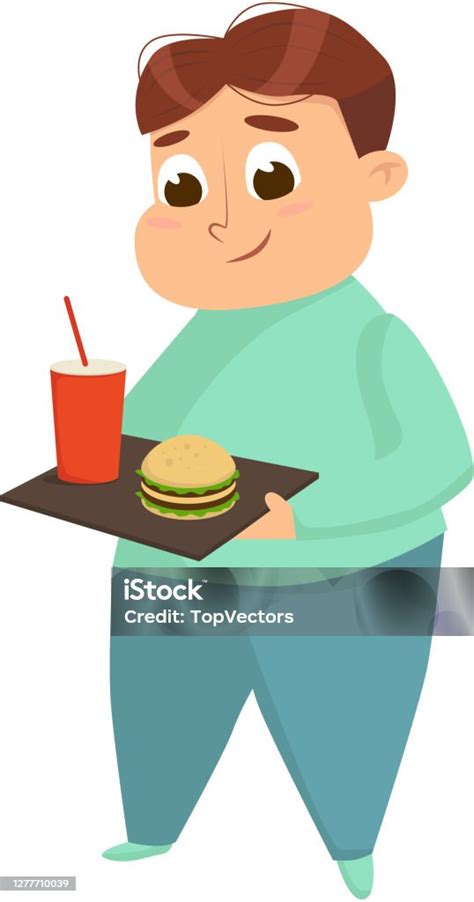 패스트 푸드를 먹는 과체중 통통한 소년 쾌활한 지방 건강에 해로운 아이 캐릭터 만화 스타일 벡터 일러스트레이션 과체중에 대한