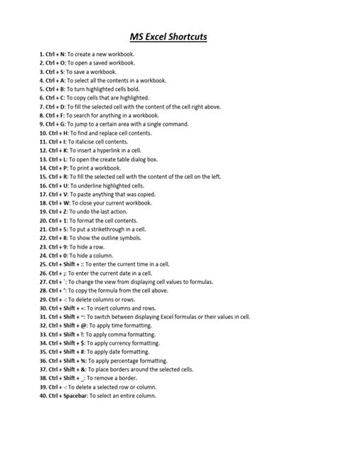 Ms Excel Shortcuts Pdf Microsoft Excel Text