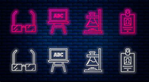 세트 라인 칠보드 유리 테스트 튜브 플라스크 화재 안경 및 식별 배지 벽돌 벽에 빛나는 네온 아이콘 벡터 건강 검진에 대한 스톡