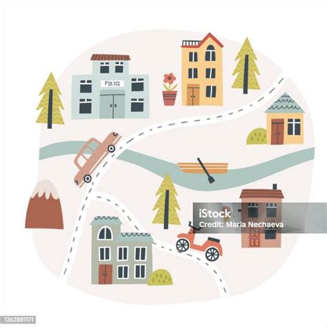 귀여운 마을지도 보육을 위한 손으로 그린 벡터 일러스트레이션 0명에 대한 스톡 벡터 아트 및 기타 이미지 0명 거리 교통수단 Istock