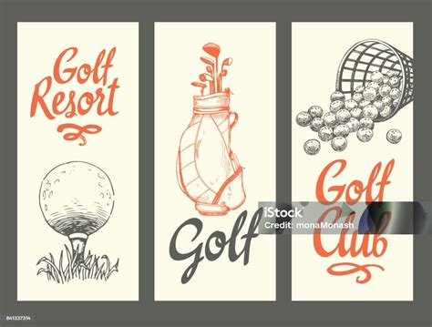 골프 공 Backet 가방 클럽 장갑 레이아웃 배너 손으로 그린 스포츠 장비의 벡터 집합입니다 흰색 바탕에 스케치 스타일에서 그림입니다 디자인에 대 한 브러시 서 예 요소