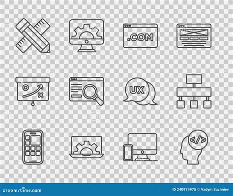 Set Line Mobile Apps Front End Development Ui Or Ux Design Web Crossed Ruler And Pencil