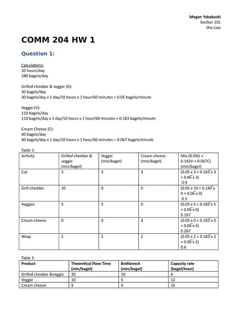 Comm 204 Hw 1 Ass Section 101 Sha Liao Comm 204 Hw 1 Question 1 Calculations 10 Hoursday