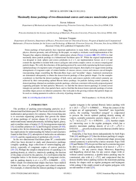 Pdf Maximally Dense Packings Of Two Dimensional Convex And Concave Noncircular Particles