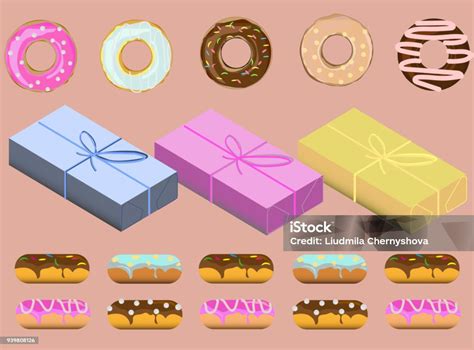 다른 장식 평면도와 측면도 격리 도넛 세트 포장 상자 아이소메트릭 드로잉의 집합입니다 벡터 일러스트 레이 션 메뉴 디자인 카페 디자인 포장 상자 및 종이 대 한 사용할 수