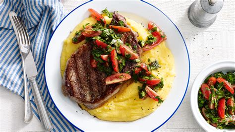 Scotch Fillet Steaks With Parmesan Polenta And Tomato Salsa Verde