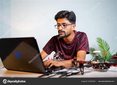 Man Babe Checking Quadcopter Drone Connecting Laptop Laboratory Concept Uav Stock Photo