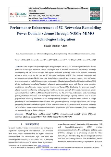 Performance Enhancement Of 5g Networks Remodeling Power Domain Scheme Through Noma Mimo