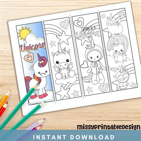 Unicorn Coloring Bookmarks Set Of 4 Printable Unicorn Coloring Page