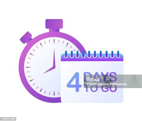 달력 및 스톱워치 플랫 퍼플 4일 남음 카운트다운 스톱워치 갈 날 캘린더 벡터 그림 달력에 대한 스톡 벡터 아트 및 기타 이미지 Istock