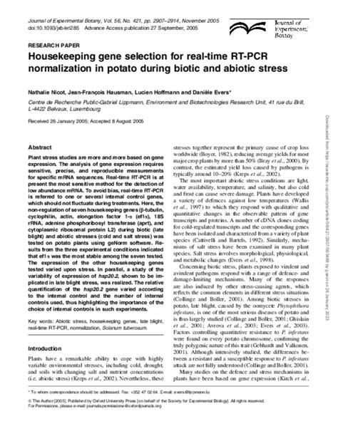 Pdf Housekeeping Gene Selection For Real Time Rt Pcr Normalization In Potato During Biotic And