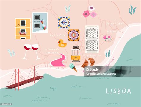 현대 일러스트 리스본 도시지도 거리 이름과 인기있는 위치와 물건리스본의 트렌디 한 손으로 그린 양식에 일치시키는지도 포르투갈지도 포스터입니다 웹 및 인쇄를위한 현대적인지도