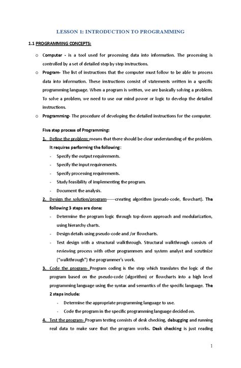 Intro To Programming Lecture Notes LESSON INTRODUCTION TO PROGRAMMING PROGRAMMING