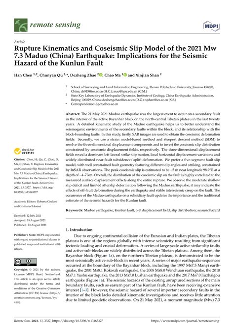 Pdf Rupture Kinematics And Coseismic Slip Model Of The 2021 Mw 73
