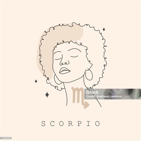 전갈 자리 조디악 기호 한 줄 그리기 추상적 인 여성 얼굴을 가진 점성술 아이콘 수수께끼와 난해한 윤곽선 로고 별자리 기호 미니멀리스트 스타일의 선형 벡터 일러스트 레이 션
