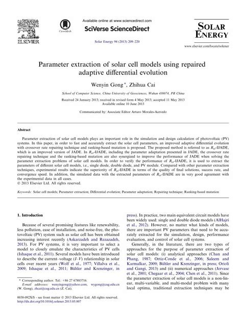Pdf Parameter Extraction Of Solar Cell Models Using Repaired Adaptive Differential Evolution