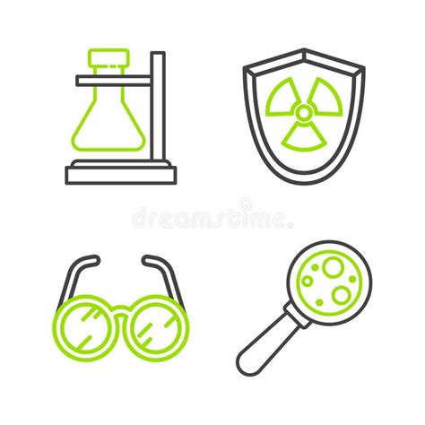 Set Line Microorganisms Under Magnifier Laboratory Glasses Radioactive In Shield And Test Tube