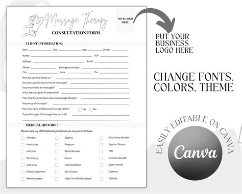 Editable Massage Intake Form Massage Therapy Form Massage Consent Form Massage Release Form