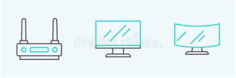 Set Line Computer Monitor Screen Router And Wi Fi Signal And Icon