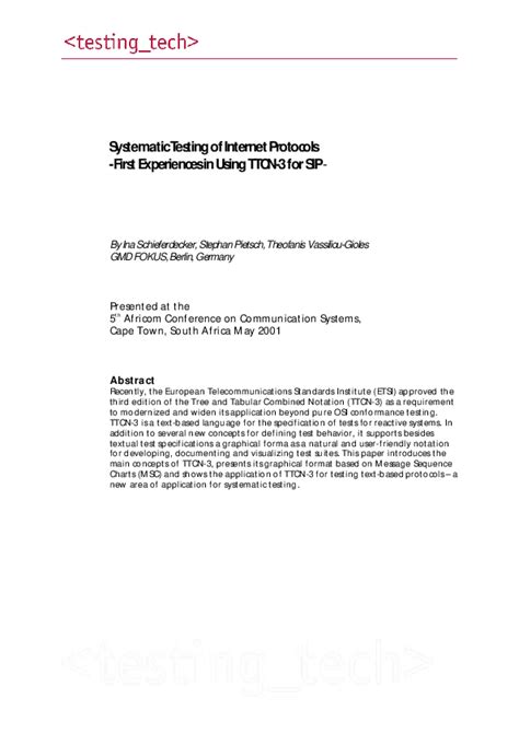 Pdf Systematic Testing Of Internet Protocols First Experiences In Using Ttcn 3 For Sip
