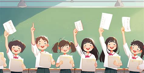 教室里可爱的学生们开心的高举试卷庆祝创意插画图片素材下载格式熊猫办公