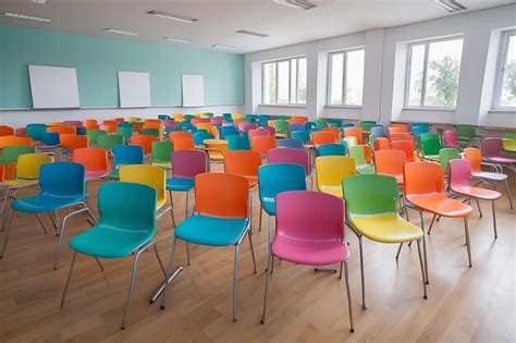 Premium Photo Empty Classroom With Many Empty Colorful Armchairs