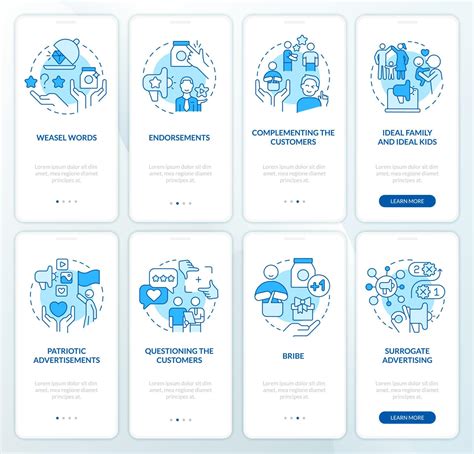 Advertising Strategies Blue Onboarding Mobile App Screen Set Walkthrough 5 Steps Editable