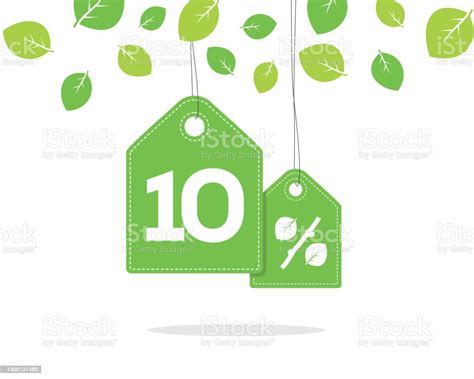 잎과 스틱 분기 아이콘으로 디자인 된 10 텍스트와 잎이있는 흰색 배경에 그림자가있는 벡터 녹색 매달려 가격 태그 레이블 봄 세일 캠페인의 경우 가격에 대한 스톡 벡터 아트