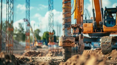 Side View Of A Pile Driver Placing Support Beams Into The Ground