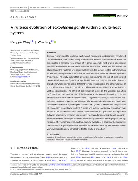 Pdf Virulence Evolution Of Toxoplasma Gondii Within A Multi‐host System