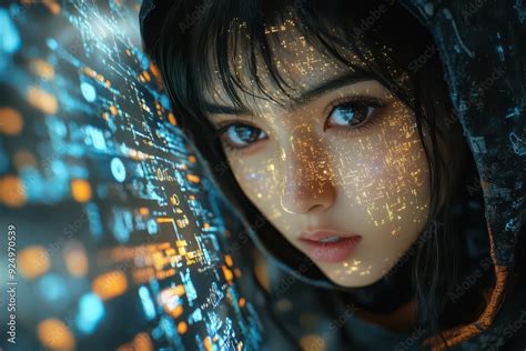 Anime Schoolgirl Hacker In Digital Dojo Manipulating Holographic Code