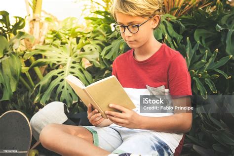 아름다운 열대 정원에 앉아 독서하는 어린 소년 행복한 학생 공원에서 숙제를하고 어린이 손에 책을 들고 야외 에서 휴식 야외 교육 청소년 현대 대안 학교 개념 건강한 생활