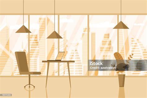 빈 현대 비즈니스 Ceo 룸 디자인 작업장 내부에 큰 창 데스크탑 노트북과 가구와 창조적 인 사무실 작업 공간 벡터 실내 일러스트레이션 가구에 대한 스톡 벡터 아트 및 기타