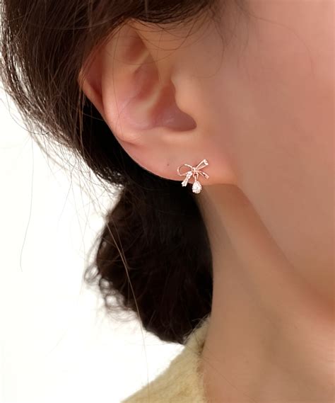 페브미 실버925 테파 리본 물방울큐빅 드롭 귀걸이 실버 로즈골드 위시버킷