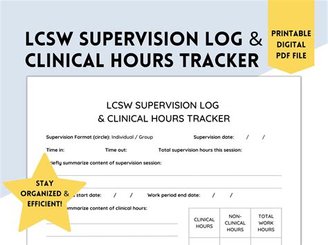 LCSW Supervision Tracking Clinical Hours Log Printable Etsy