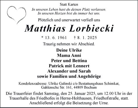Traueranzeigen Von Matthias Lorbiecki Trauer In Nrw De