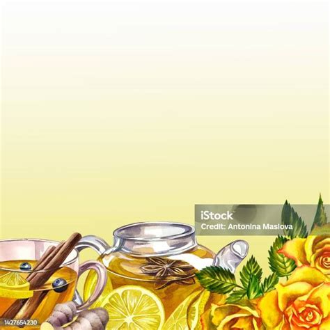티 프레임 배너 레몬 계피 및 생강을 곁들인 향기로운 항 바이러스 차 유리 주전자와 비타민 차가 든 컵 0명에 대한 스톡 벡터 아트 및 기타 이미지 Istock