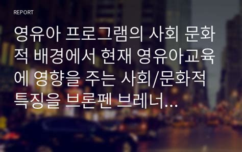영유아 프로그램의 사회 문화적 배경에서 현재 영유아교육에 영향을 주는 사회문화적 특징을 브론펜 브레너는 어떻게 설명하고 있는가 레포트