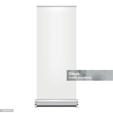 빈 수직 롤업 배너 스탠드 벡터 모형 풀업 롤러 휴대용 간판 모형 흰색 팝업 광고 표시 템플릿 배너 표지판에 대한 스톡 벡터 아트 및 기타 이미지 Istock