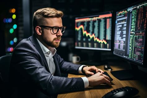 Male Stock Trader Analyzing Graphs And Charts On Multiple Computer
