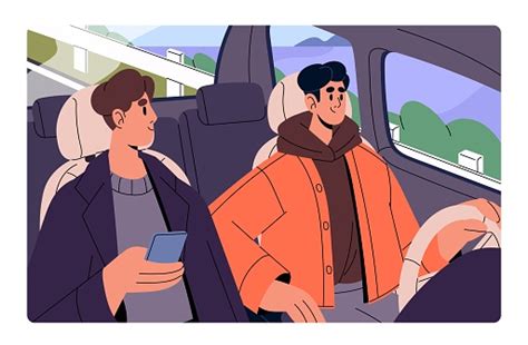 친구들이 함께 운전하고 차를 타십시오 도로를 바라보는 운전자가 핸들을 잡습니다 승객은 디지털 지도 스마트폰으로 경로를 검색하여