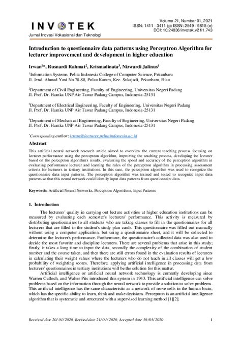 Pdf Introduction To Questionnaire Data Patterns Using Perceptron Algorithm For Lecturer