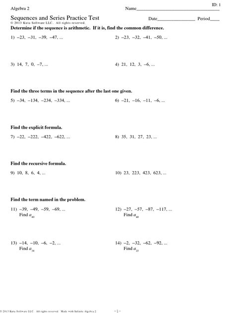 Algebra 2 Sequences And Series Practice Test Pdf Arithmetic Algebra