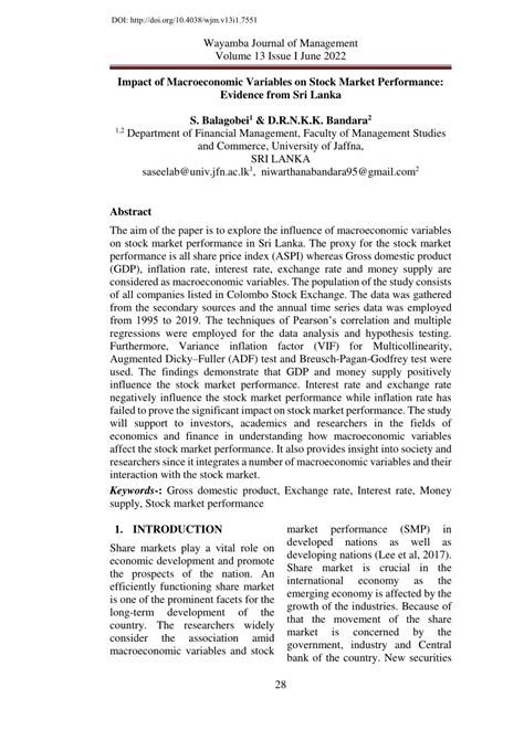 Pdf Impact Of Macroeconomic Variables On Stock Market Performance Evidence From Sri Lanka