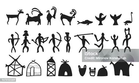 동굴 그림 선사 시대 암각화 손으로 그린 스케치 스타일 벡터 일러스트 레이 션 세트 인류학에 대한 스톡 벡터 아트 및 기타 이미지 인류학 상징 석기 시대 Istock